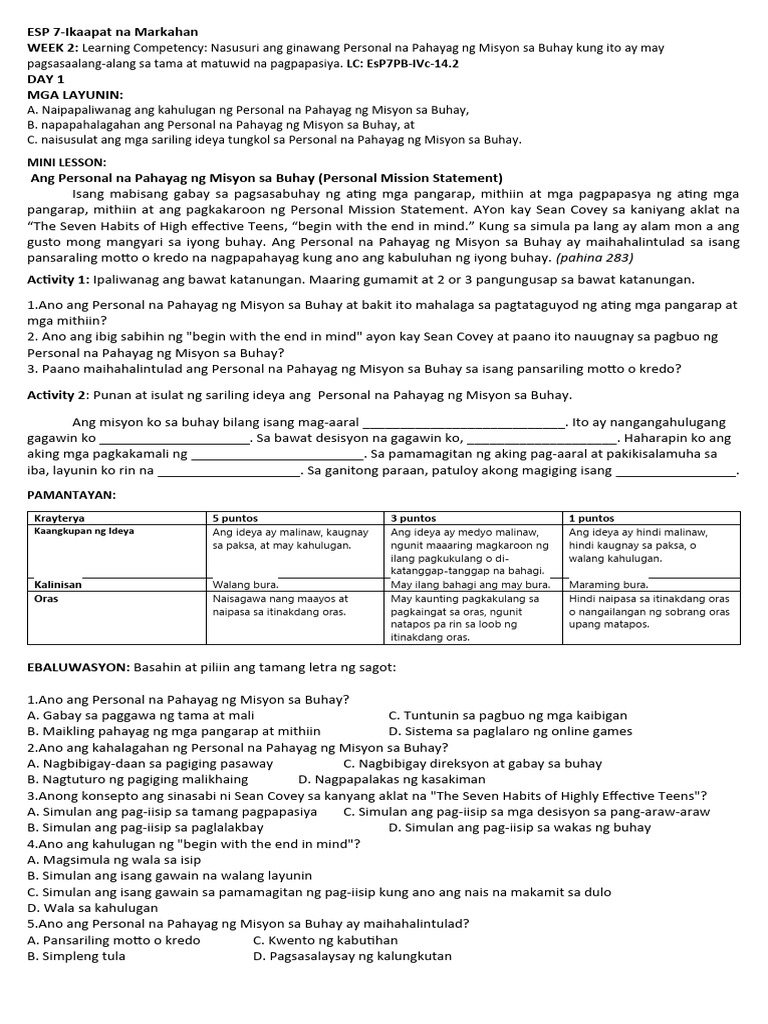 1 Esp 7 Q4 Week 2 | PDF