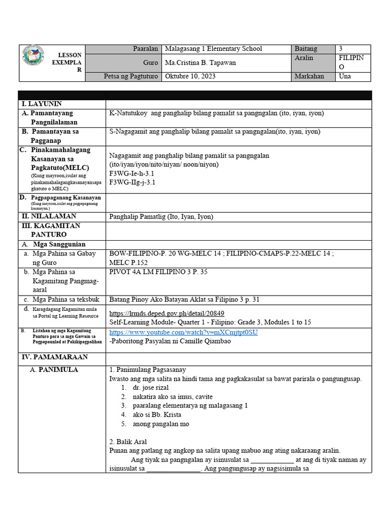 Cot 1 Lesson Exemplar Filipino | PDF