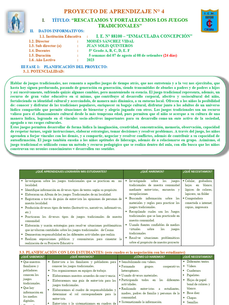 PROYECTO_DE_APRENDIZAJE_N°_4_JUEGOS_TRADICIONALES | PDF | Evaluación | Aprendizaje
