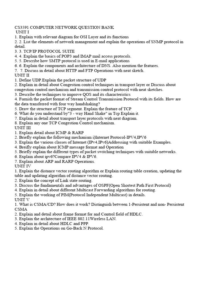 CS3591 Computer Network Question Bank | PDF