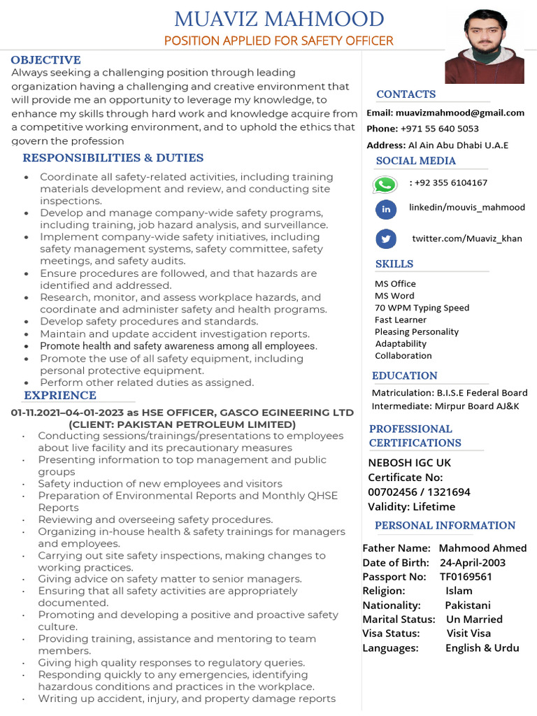 Safety Officer Resume of Muaviz Mahmood | PDF | Occupational Safety And ...