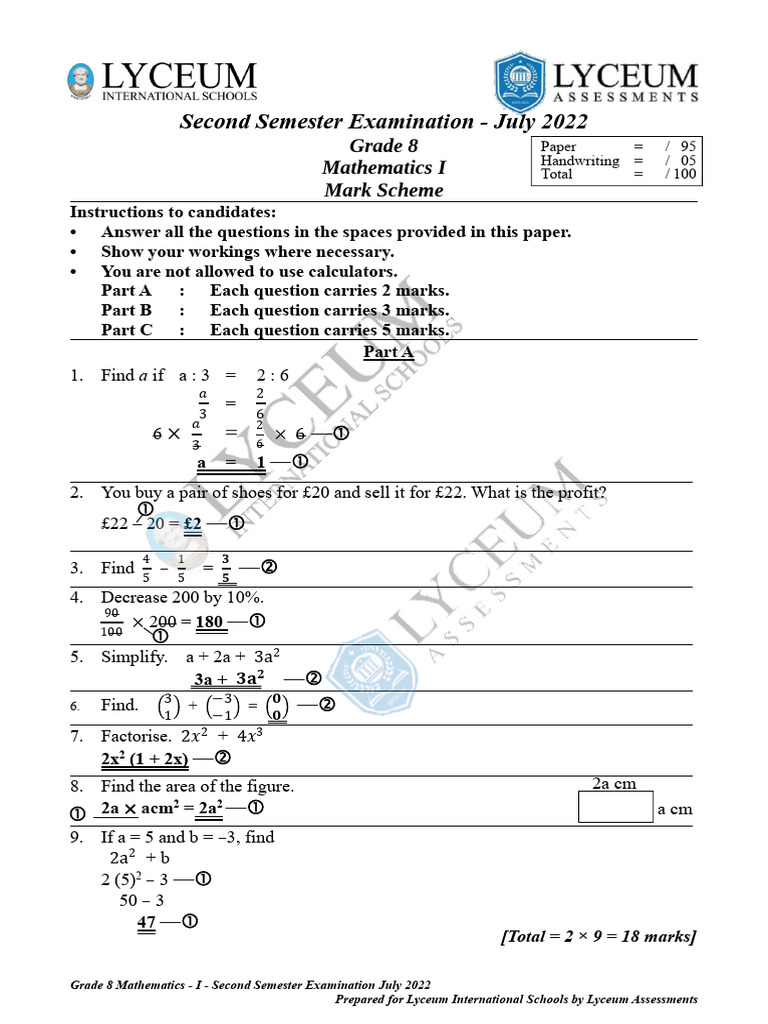 Grade 8 Mathematics - I Mark Scheme | PDF | Euclidean Geometry ...