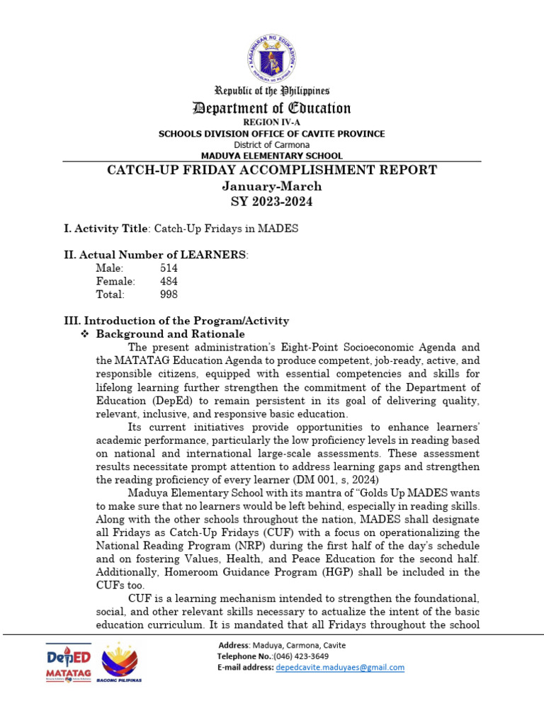 MADES Catch Up Friday Accomplishment Report | PDF | Learning | Behavior ...