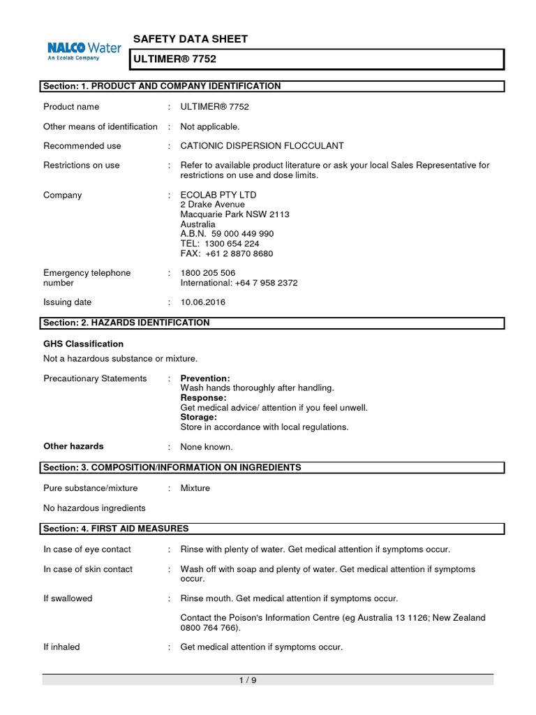 Chemical Nalco 7752 | Download Free PDF | Toxicity | Polyethylene