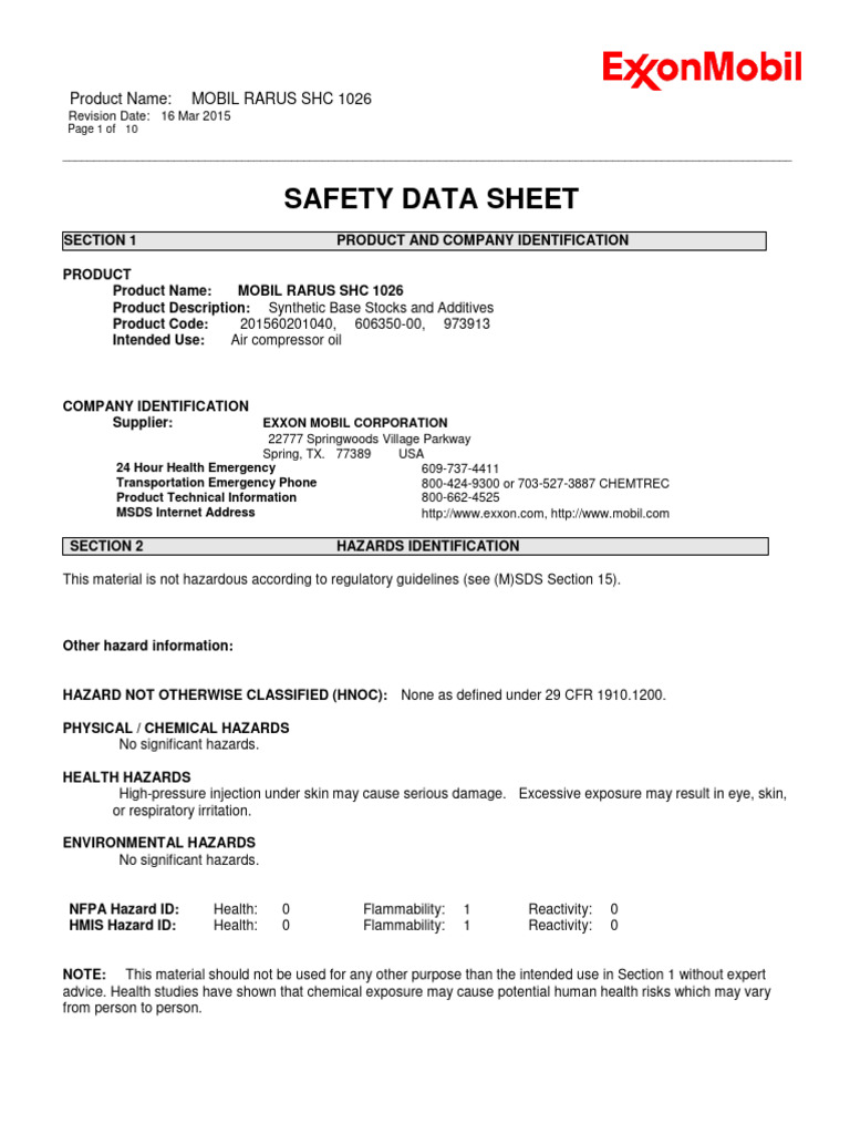 Mobil Rarus SHC 1026 SDS | PDF | Occupational Safety And Health | Safety