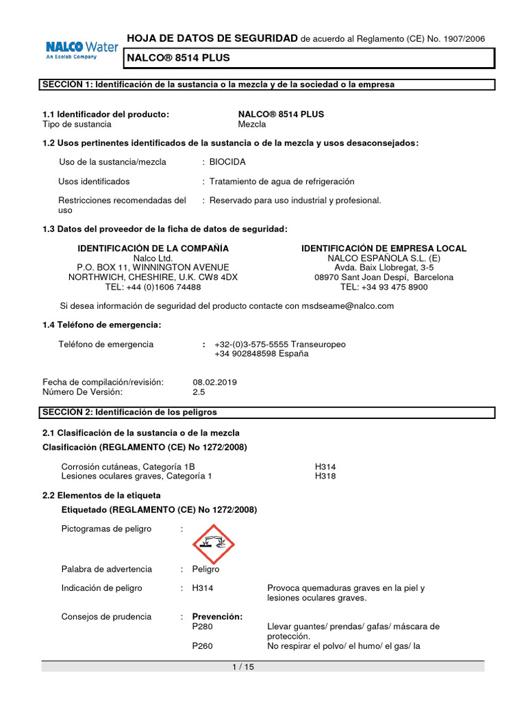 Ficha de Seguridad NALCO 8514 PLUS | PDF | Residuos | Agua