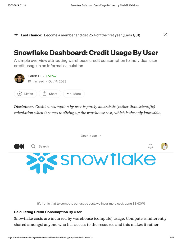 Snowflake Dashboard - Credit Usage by User - by Caleb H. - Medium | PDF ...