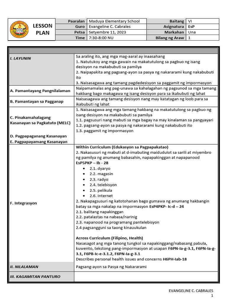 Cabrales Co1 - Idea Lesson Plan in Esp 6 q1 | PDF