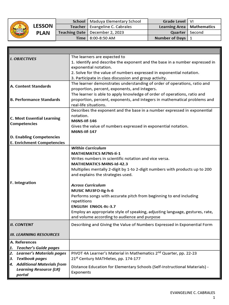 Cabrales Co2 - Idea Lesson Plan Math 6 q2 | PDF | Exponentiation | Learning