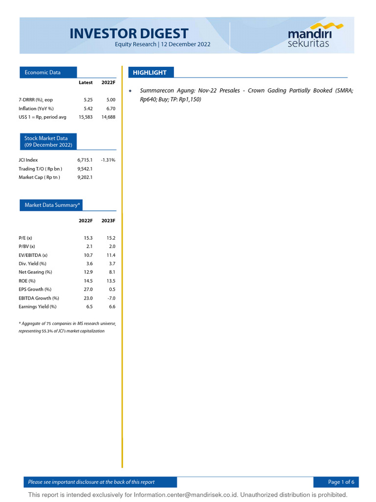 Mansek Investor Digest 12 Dec 2022 - 11M22 SMRA | PDF | Investing | Risk