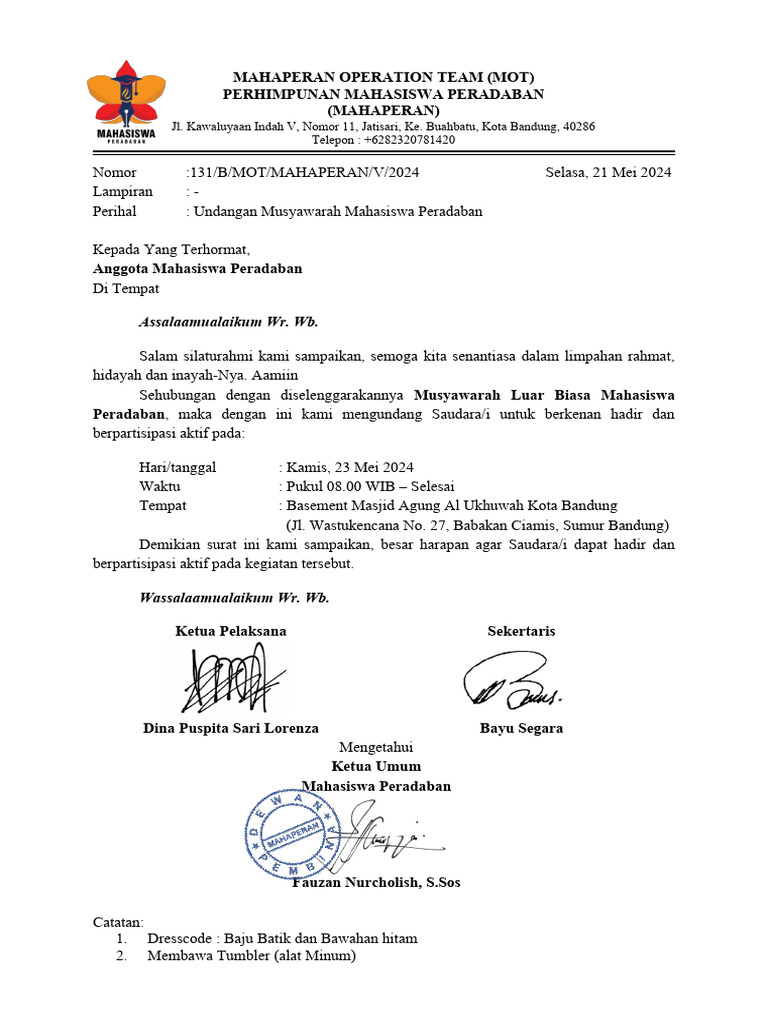 Surat Undangan Musyawarah Luar Biasa Mahasiswa Peradaban | PDF Surat Undangan Musyawarah Luar Biasa Mahasiswa Peradaban | PDF