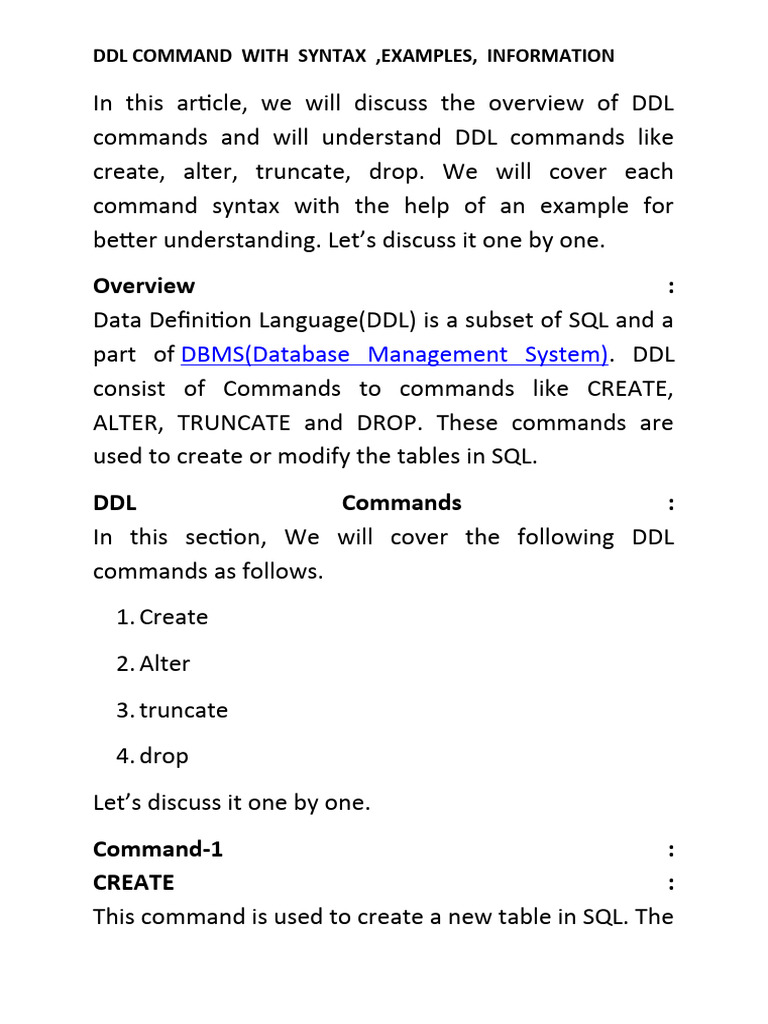 DDL Command Information and Syntax... Assignment 1 | PDF | Databases | Data Management