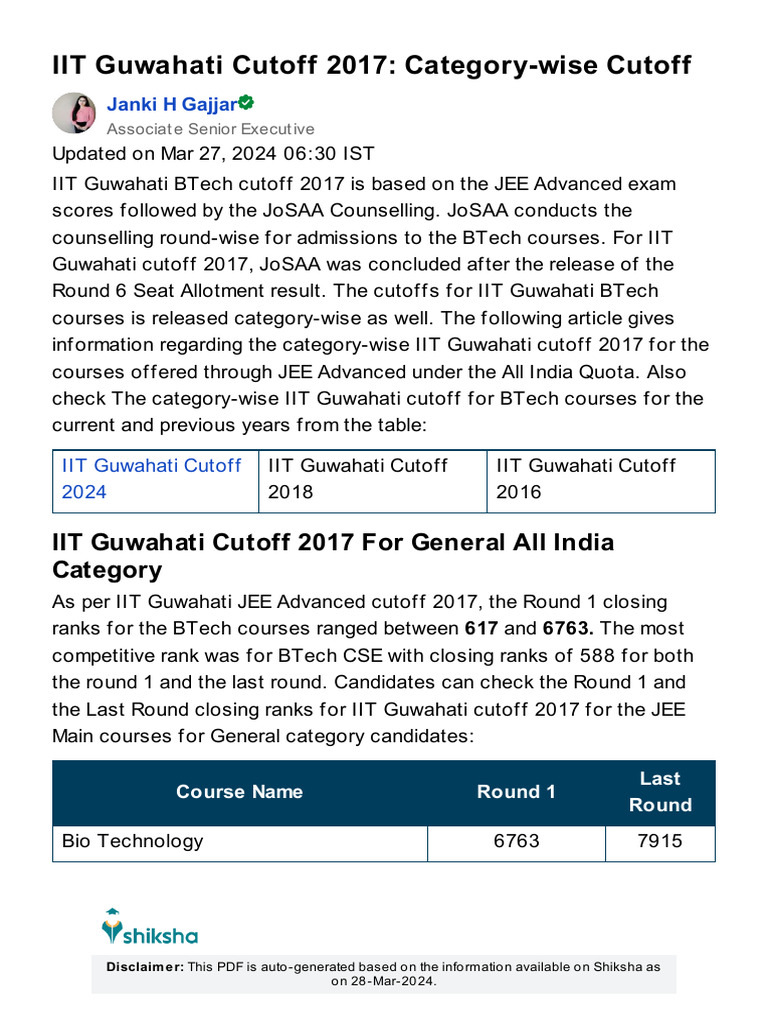 IIT Guwahati Cutoff 2017: Category-Wise Cutoff: Janki H Gajjar | PDF ...