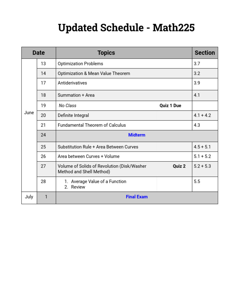 Math225 - 2024 - Schedule - Updated | PDF