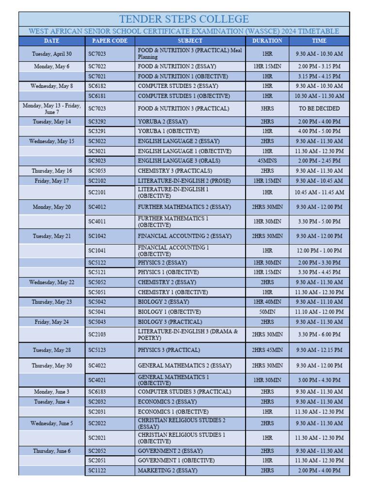 WASSCE 2024 TIMETABLE | PDF