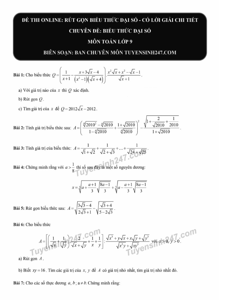 De Thi BTVN Rut Gon Bieu Thuc Dai So 1690885043 | PDF