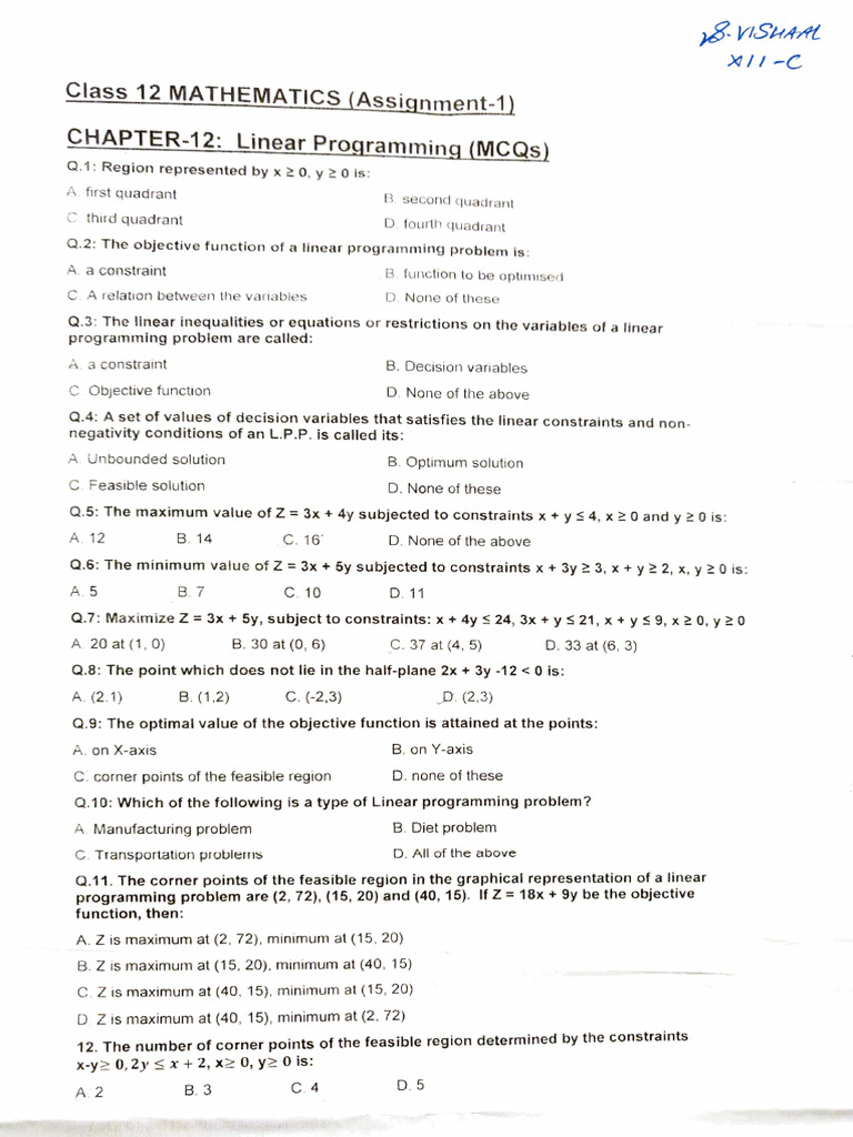 Class 12 Linear Programming MCQs | PDF | Linear Programming ...