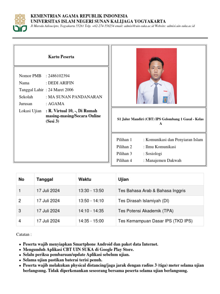 Kartu Ujian Dedi | PDF