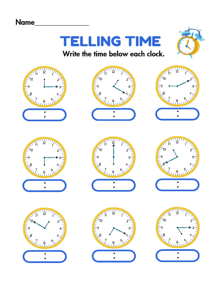 Telling Time Clocks Math Worksheet in Blue and Yellow Simple Style | PDF