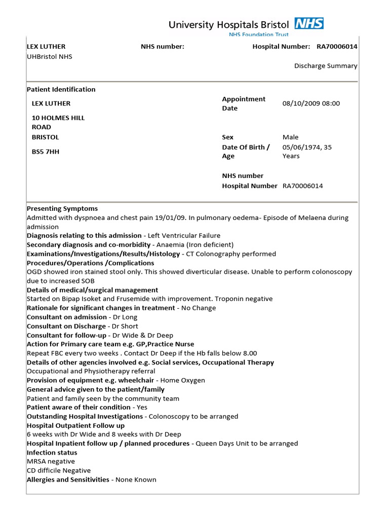 UHBristol Discharge Summary for Lex Luther | PDF | Patient | Hospital