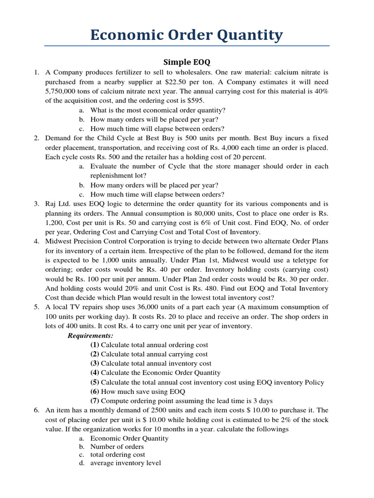 EOQ Calculations 2023 SYBBA | PDF | Inventory | Business Economics