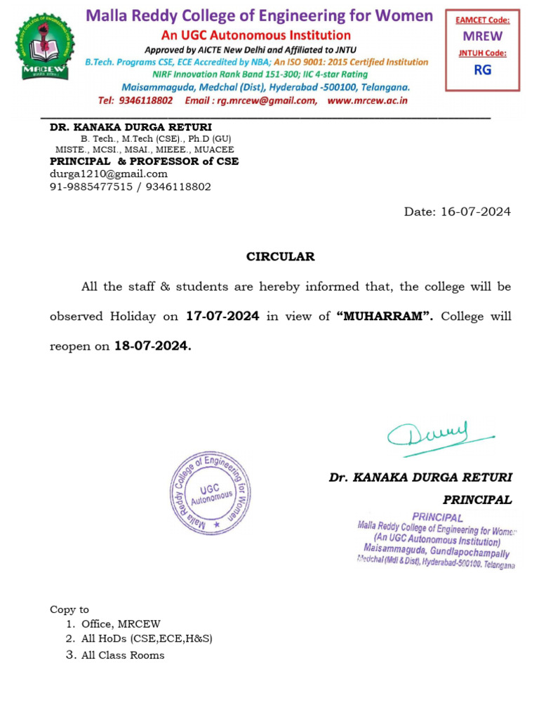 Muharram - Holiday Circular | PDF | Science & Mathematics