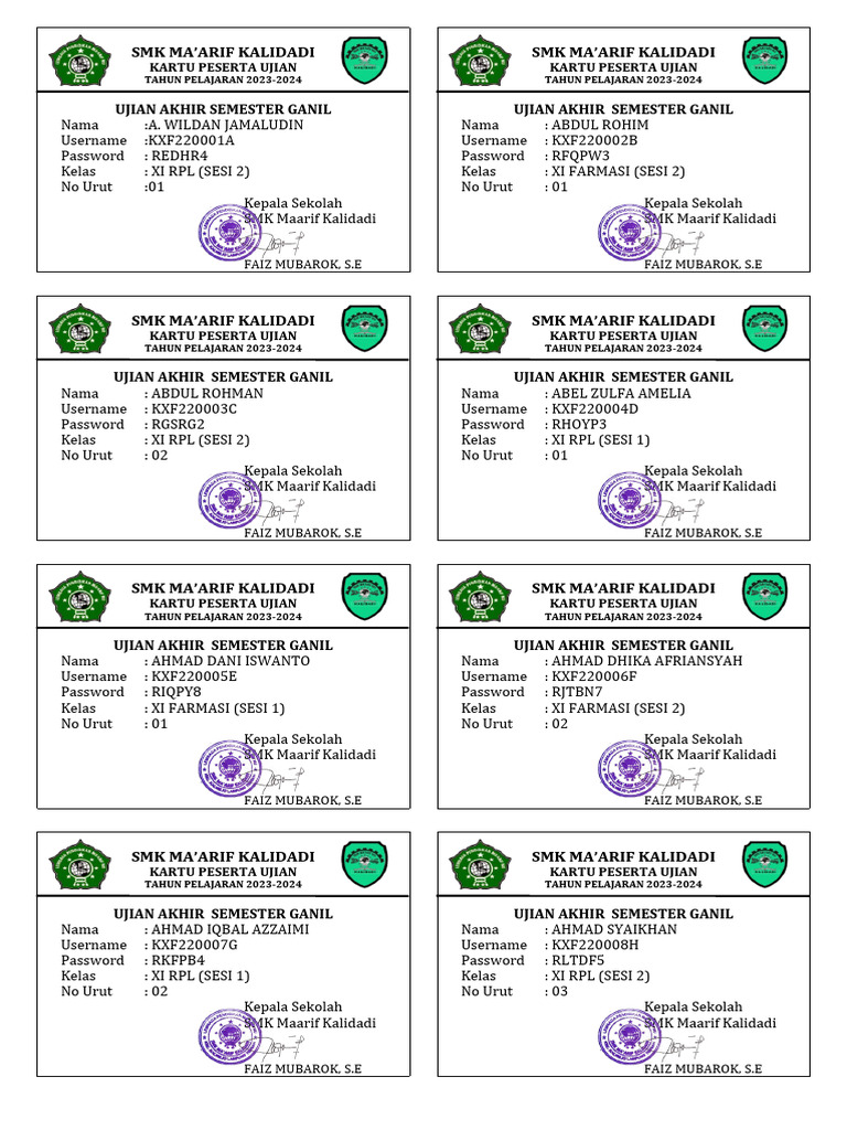 Kartu UAS Kelas XI | PDF