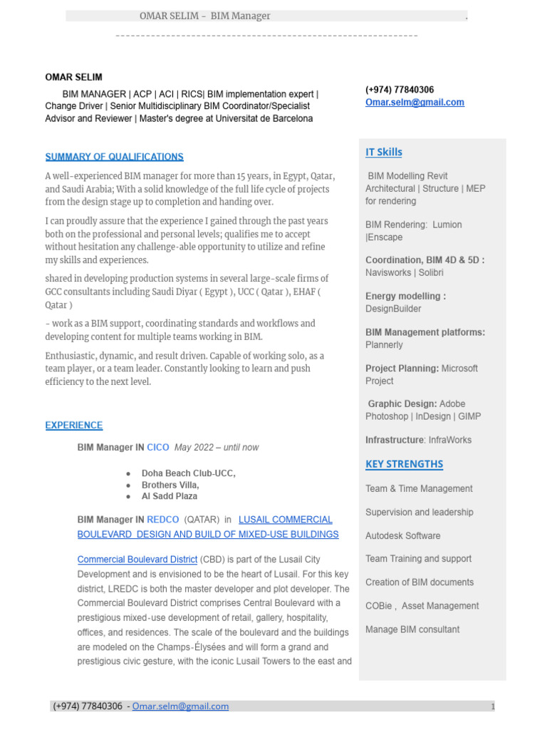 Bim Manager Omar Selim Cv | PDF | Building Information Modeling | Autodesk Revit