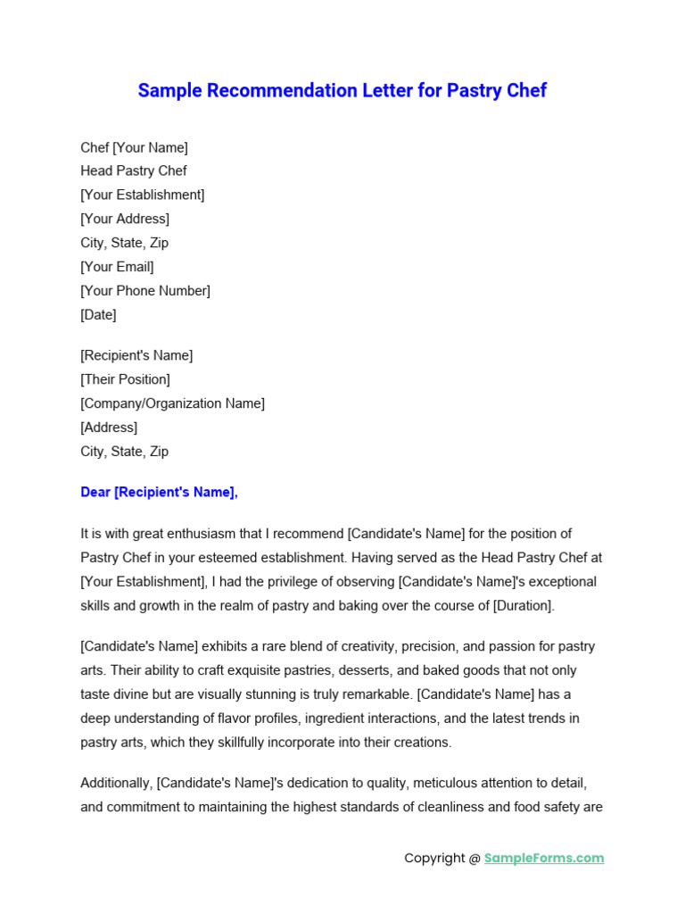 Sample Recommendation Letter For Pastry Chef | PDF
