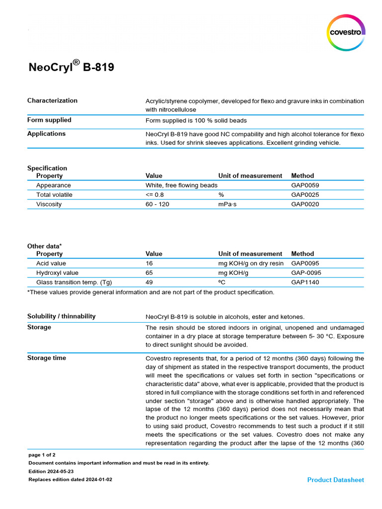 NeoCryl B 819 - en - 50008392 23666750 23489135 | PDF | Graphic Design | Printing