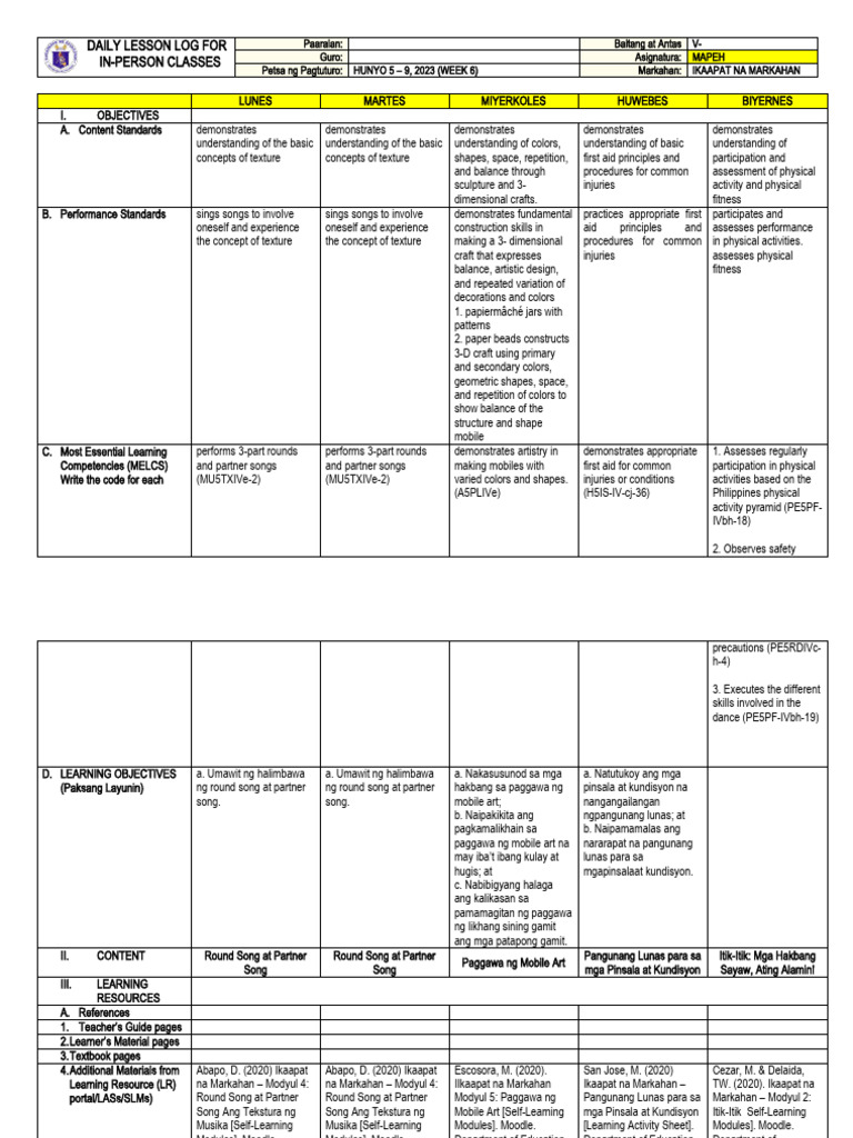 G5 Q4W6 DLL MAPEH MELCs | PDF