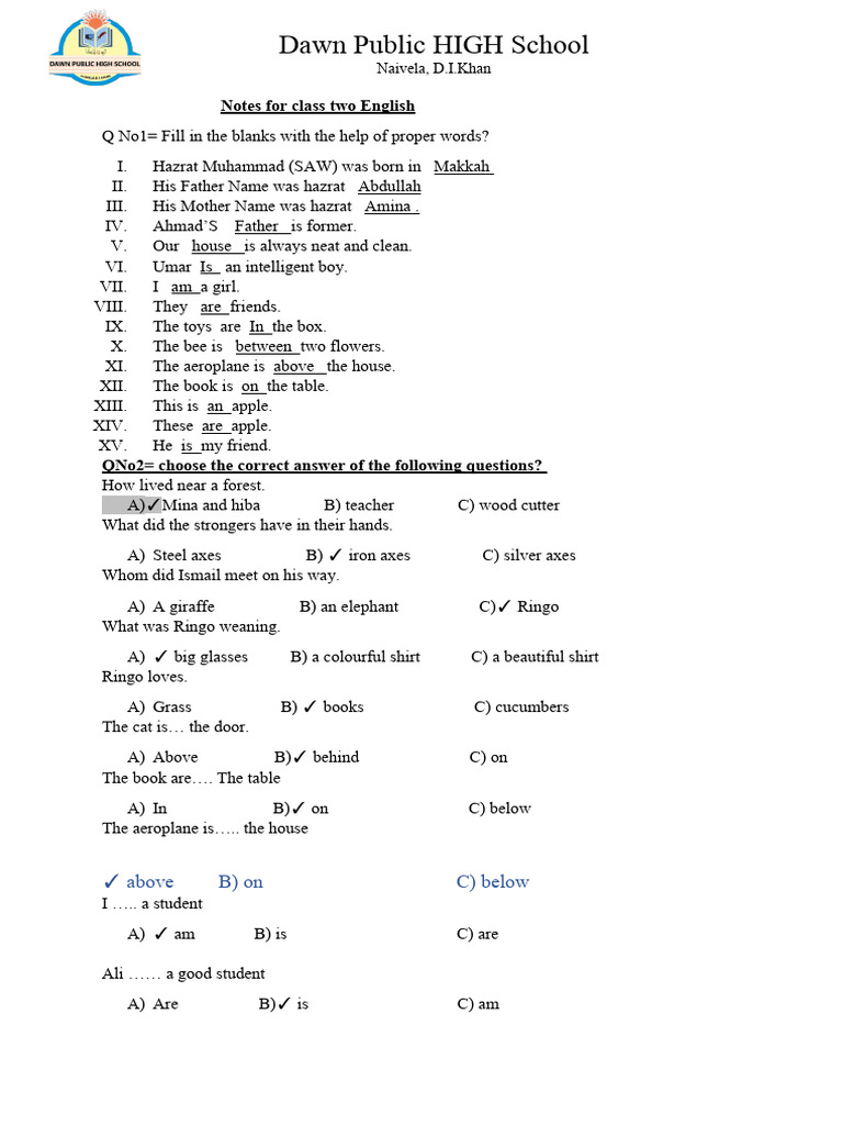 Dawn Public High School: Qno2 Choose The Correct Answer of The ...