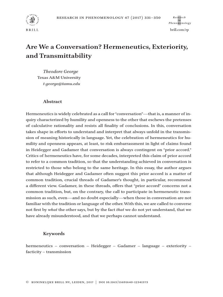 Are We A Conversation Hermeneutics, Exteriority, and Transmittability ...