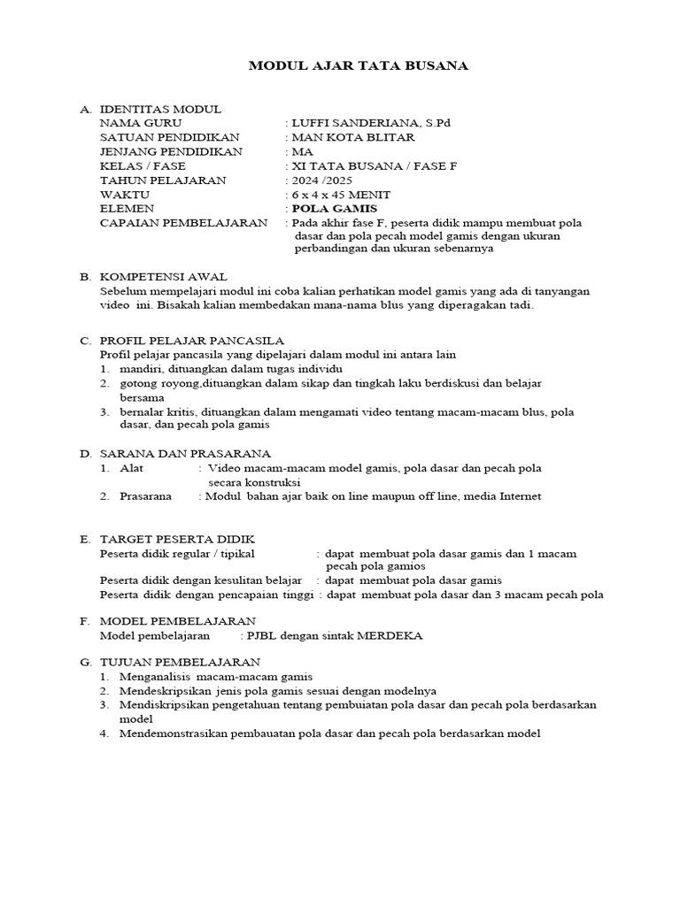 Modul Ajar Tata Busana Pola Gamis | PDF