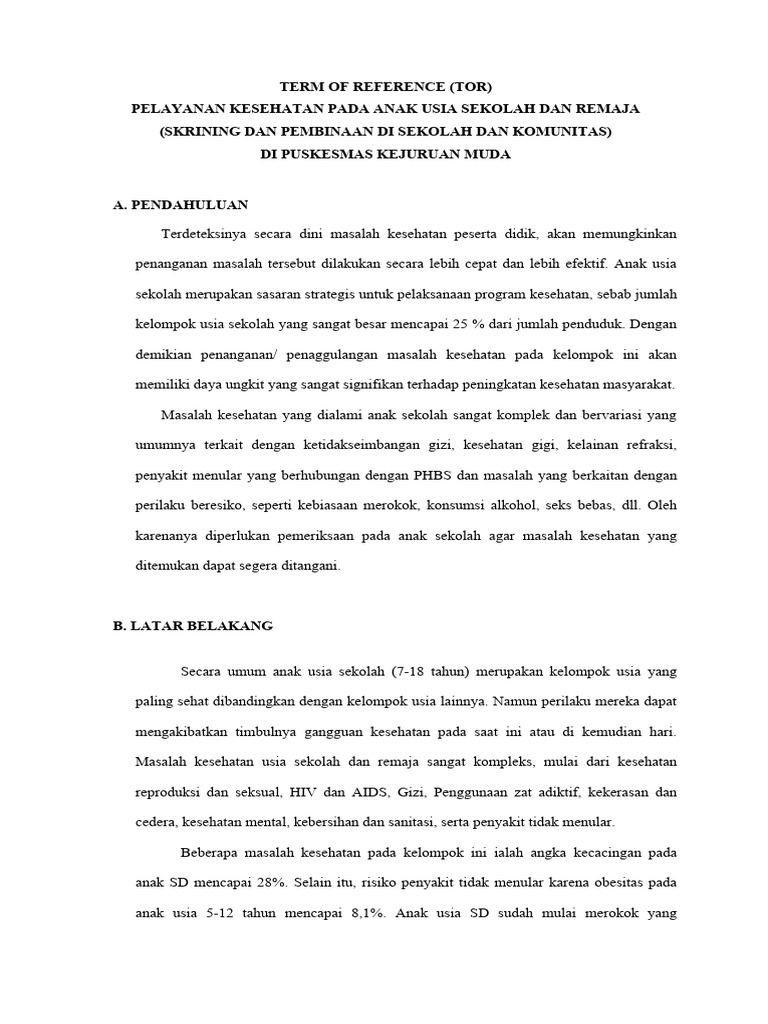 TOR 2024 Pelayanan Kesehatan Pada Anak Usia Sekolah Dan Remaja (Skrining Dan Pembinaan Di ...