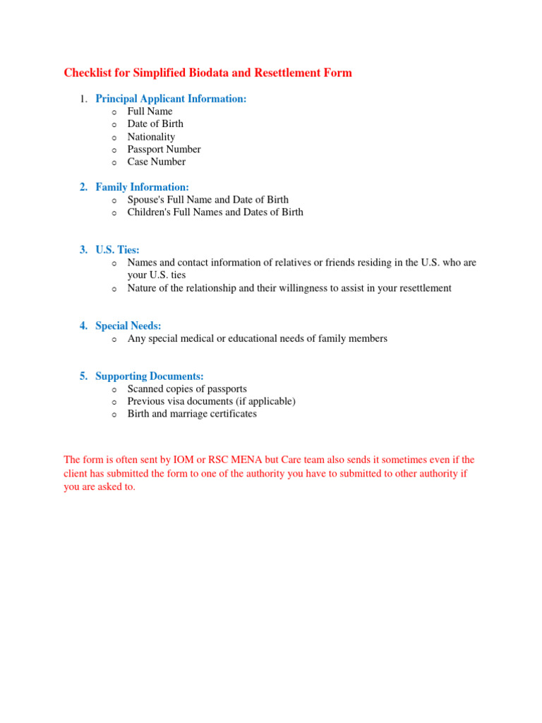 Checklist For Simplified Biodata and Resettlement Form | PDF