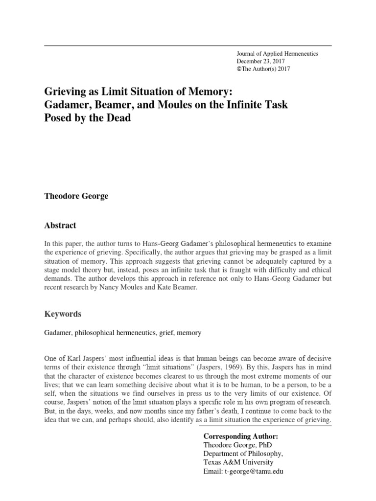 Grieving as Limit Situation of Memory Gadamer, Beamer, and Moules on ...