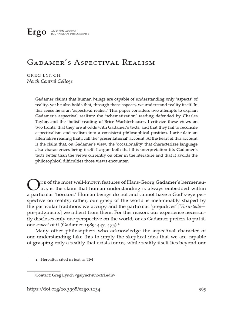 Gadamer's Aspectival Realism Lynch, G. 2021 | PDF | Noumenon | Immanuel ...