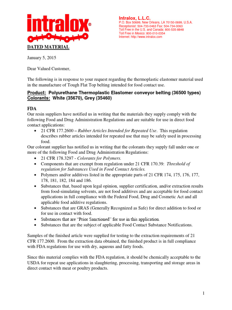 Intralox Tough Belt 36500 Compliance Letter 2015 | PDF | Silicone | Food And Drug Administration