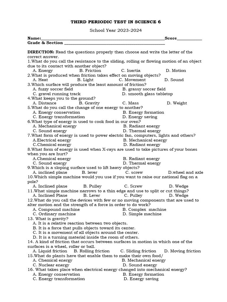 Third Periodic Test in Science 6 | PDF | Machines | Friction