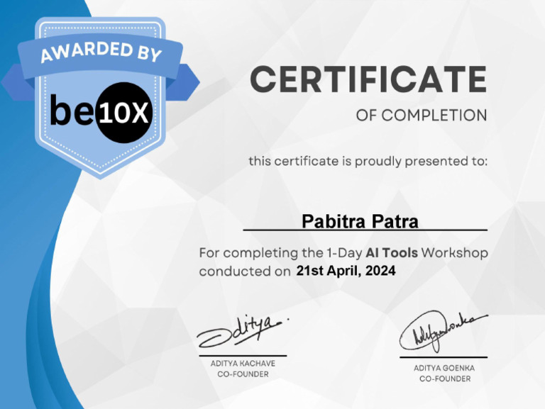 Certificate of Completion - Be10x AI Workshop | PDF
