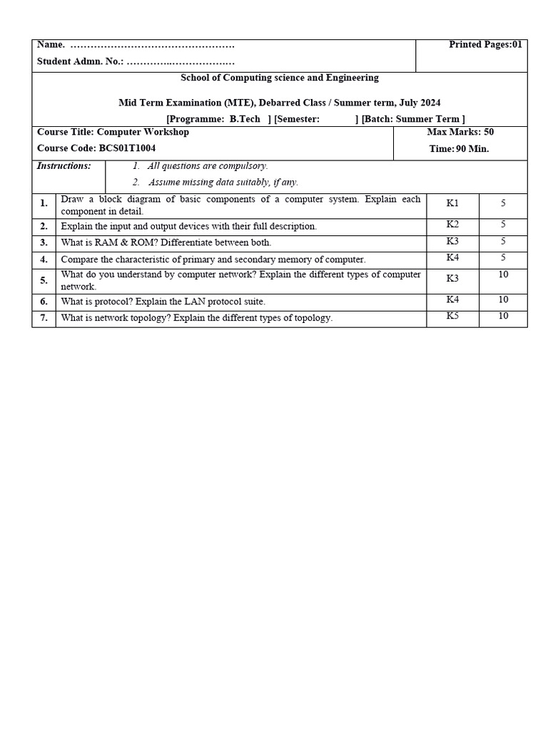 Set 1 Computer workshop MTE Question paper template July 2024 | PDF
