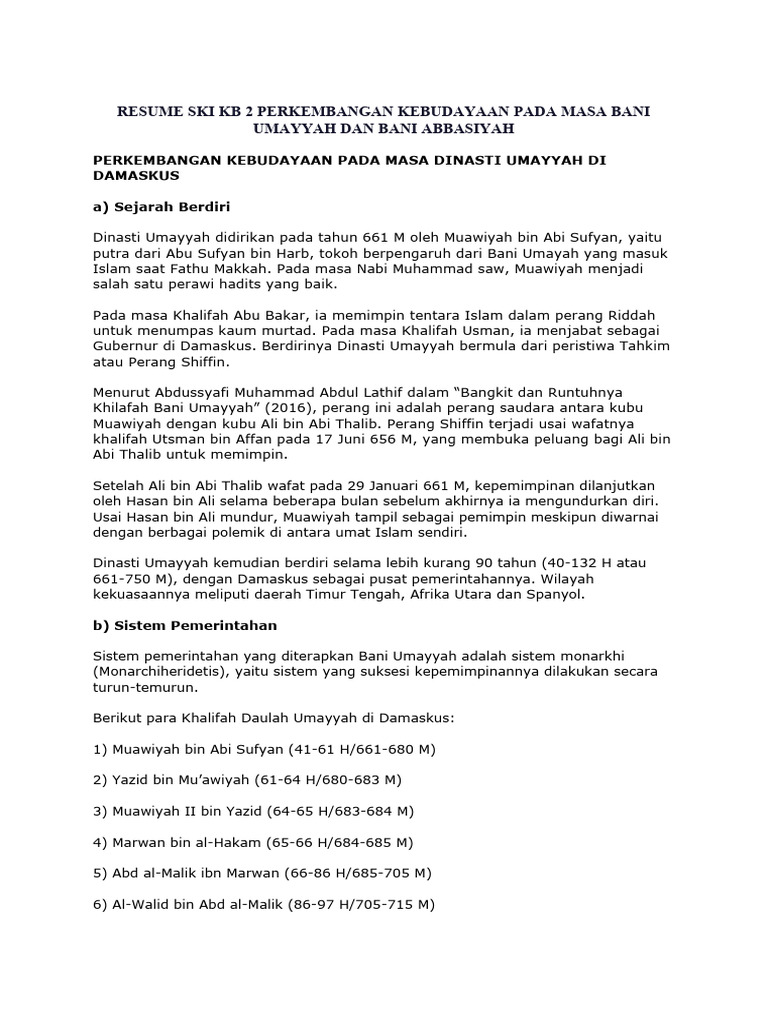 Resume SKI KB 2 Perkembangan Kebudayaan Pada Masa Bani Umayyah Dan Bani Abbasiyah | PDF