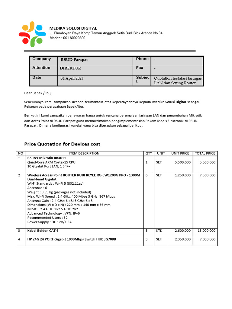 Quotation Pemasangan Kabel RSUD Parapat EMR | PDF | Komputer ...