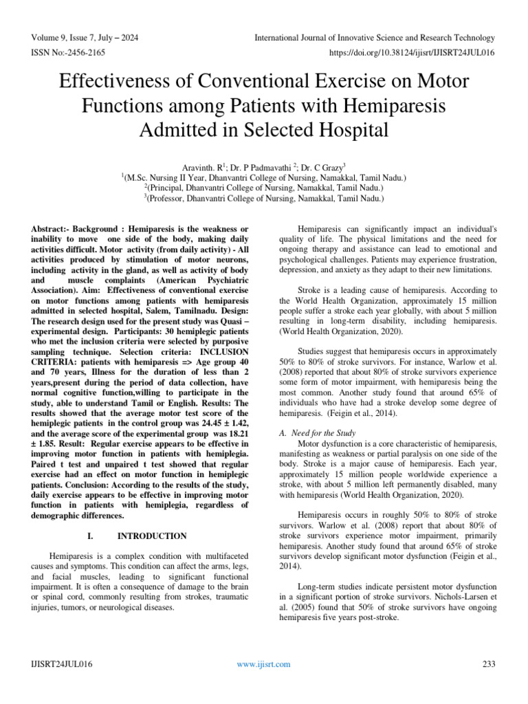 Effectiveness of Conventional Exercise On Motor Functions Among ...