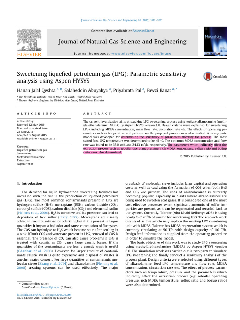 Sweetening LPG Parametric Sensitivity Analysis Using Aspen HYSYS | PDF | Chemical Compounds ...
