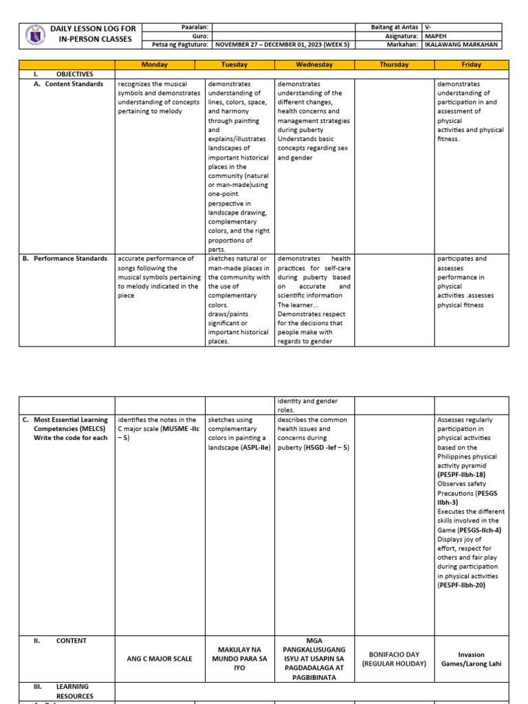 DLL MAPEH (MELCs) W5 | PDF