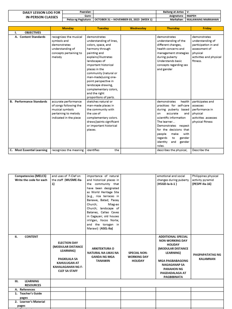 DLL MAPEH (MELCs) W1 | PDF