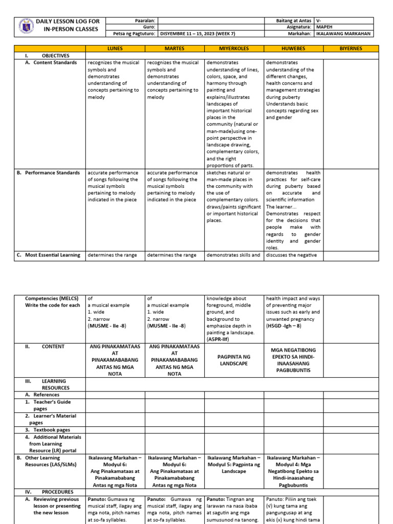 DLL MAPEH (MELCs) W7 | PDF