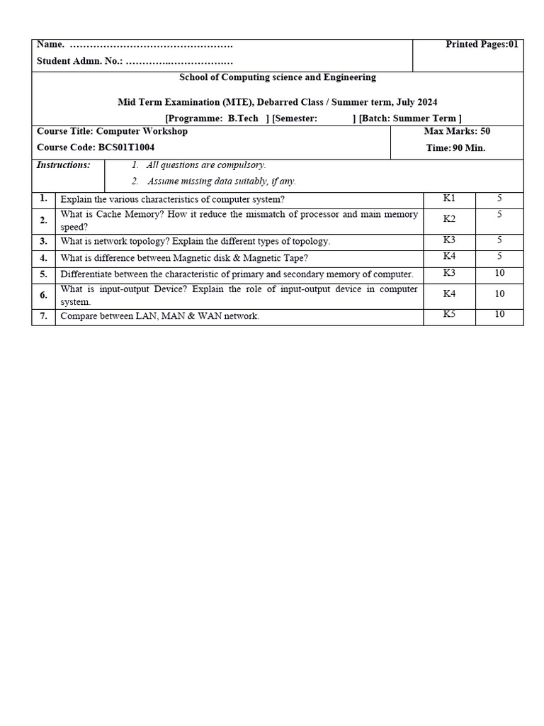 Set 2 Computer Workshop MTE Question Paper Template July 2024 | PDF